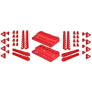PAFEN Schüttenrega Storage System Workshop Shelving 1728 x 780 mm Wall Shelf with Tool Holder and 64 Stacking Boxes Wall Plates (Red/Blue/Black)