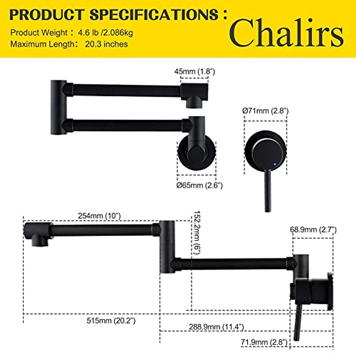 CHALIRS Pot Filler Faucet Wall Mount, Matte Black Brass Pot Filler Faucets, Kitchen Restaurant Sink Faucet Folding Stretchable,Cold and Hot Water Mixer,with Double Joint Swing Arms,Single Handle