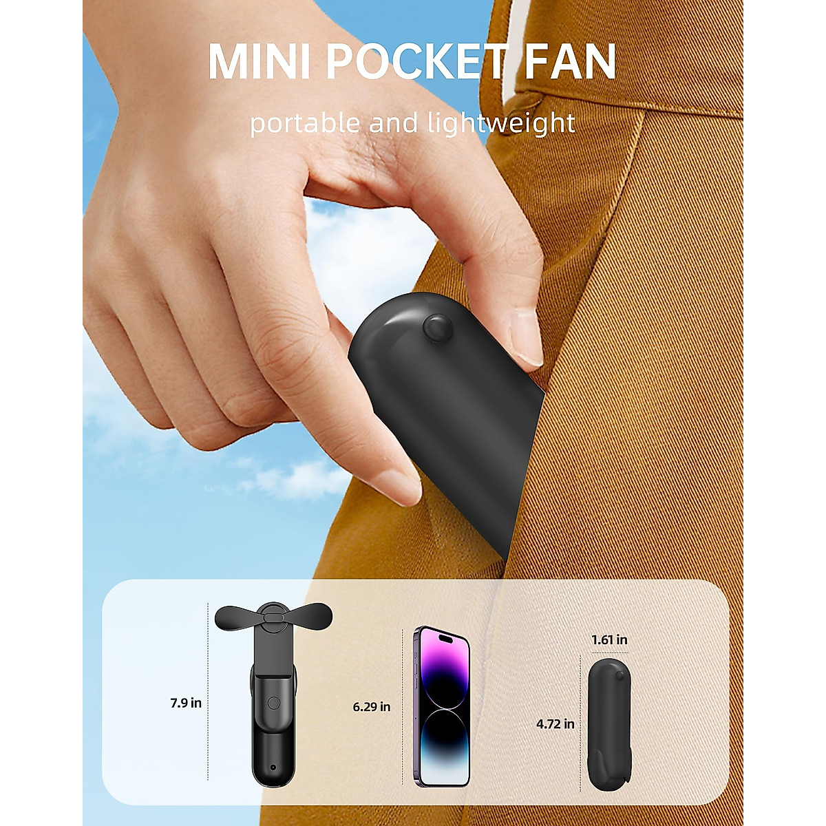 gofuch Portable Mini Fan, Small Handheld Fan 1800mAh,Battery Operated Pocket Fan USB Rechargeable, Personal Makeup Lash Fans, Gifts for Women Girls, Black