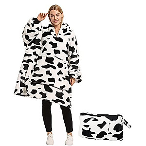 Catalonia Cow Print Oversized Blanket Hoodie Sweatshirt, Wearable Sherpa Blanket Pullover, Soft Warm Comfortable Portable Travel Sweater Pillow for Adults Men Women, Gift for Her