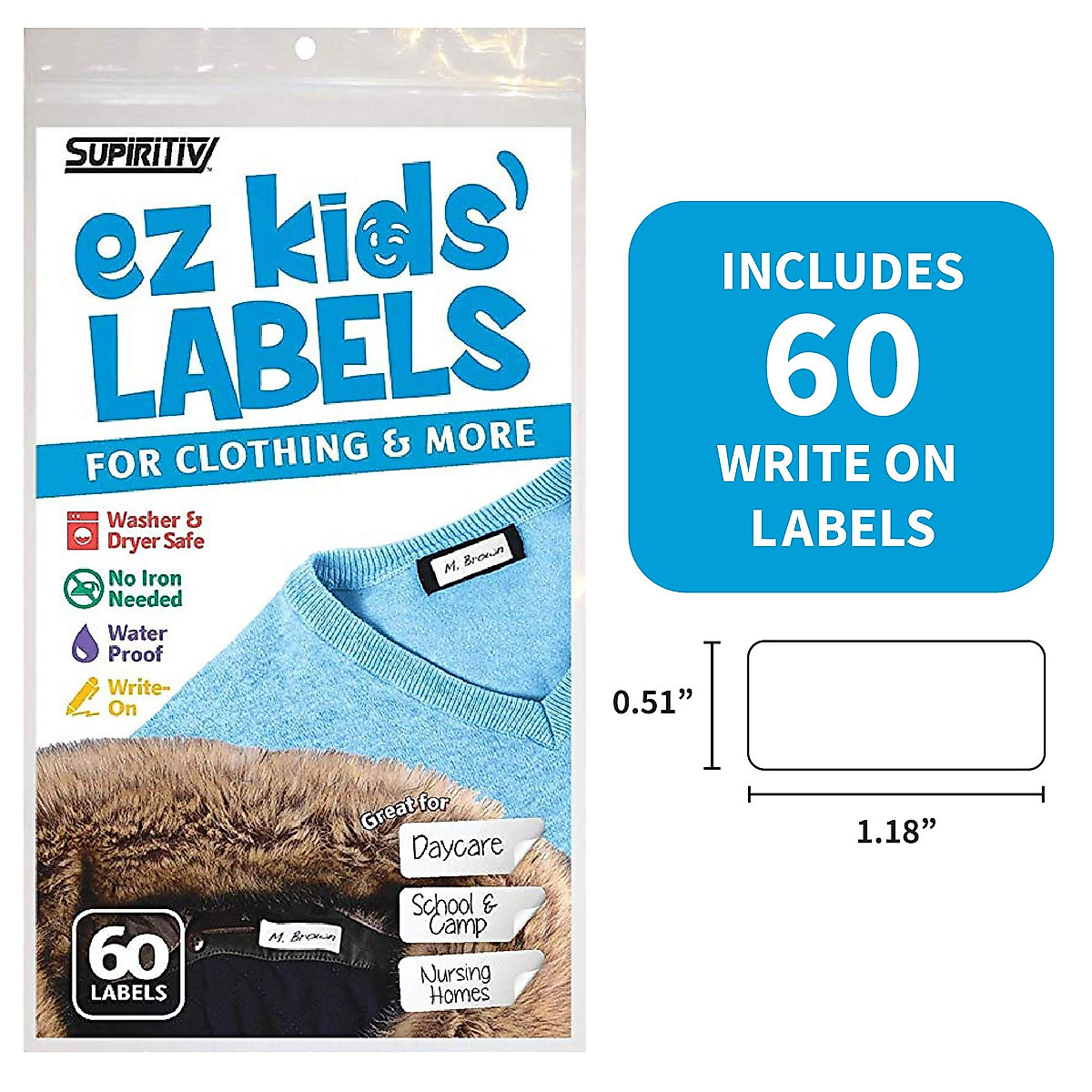 Ez Kids Clothing Labels Self-Stick No-Iron Write-On | Great for Children & Adults | Washer & Dryer Safe | School, Camp, Nursing Care, Toys, Organizing, All Purpose | 1 Sheet of 60 Blank Labels