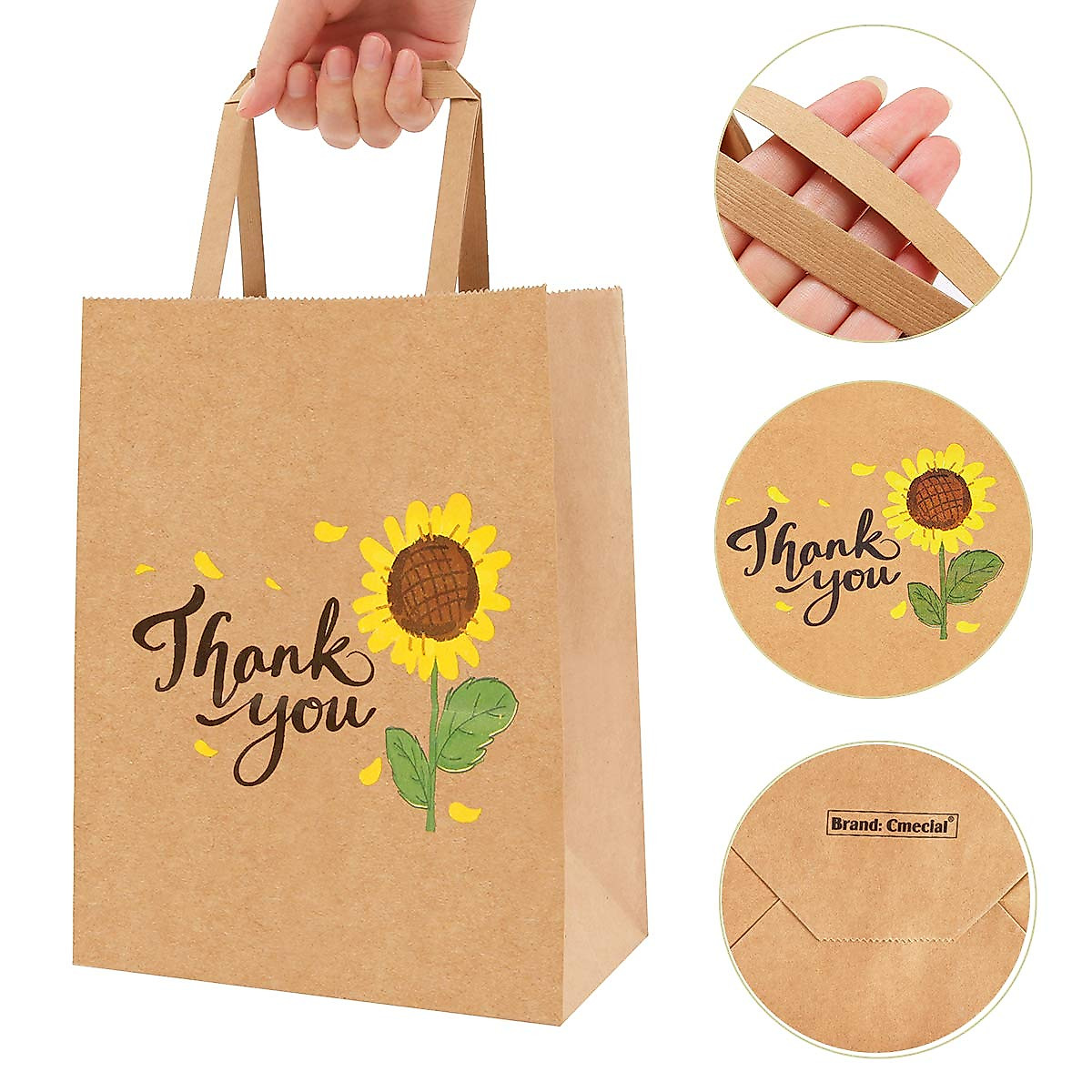 Cmecial 50Pcs 10x8x4.7 Thank You Gift Bags Bulk, Thank You Bags for Business Small, Sunflower Paper Gift Bags with Handles Bulk, Thank You Paper Bags with Handles Bulk, Small Gift Bags Retail bags (B)