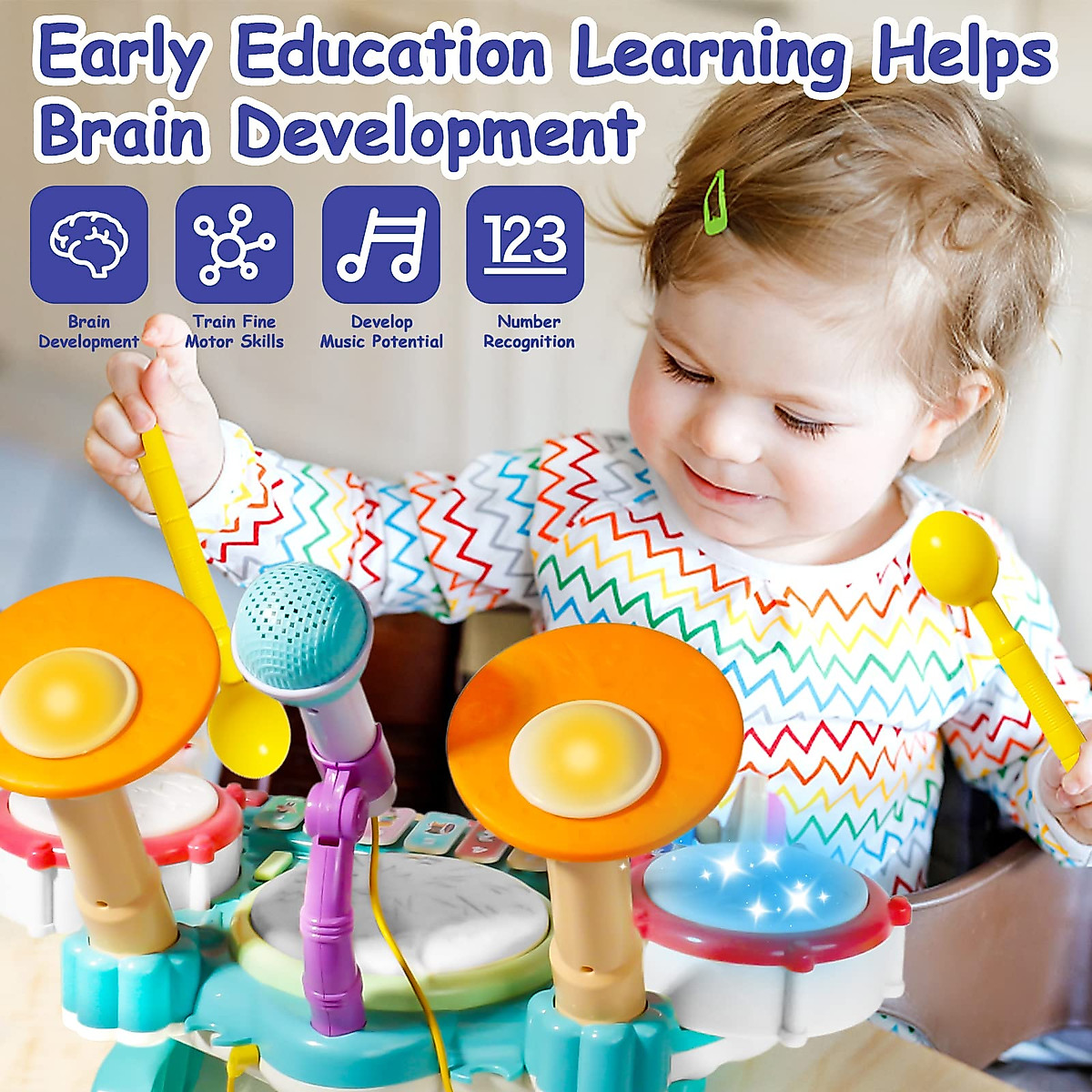 Fajiabao Kids Drum Set for Toddlers 1-3 with Microphone, Baby Drum Kit Musical Toys for 1 Year Old Boy Girl Light Piano Keyboard, Early Learning Instruments for 6 12 18 Month