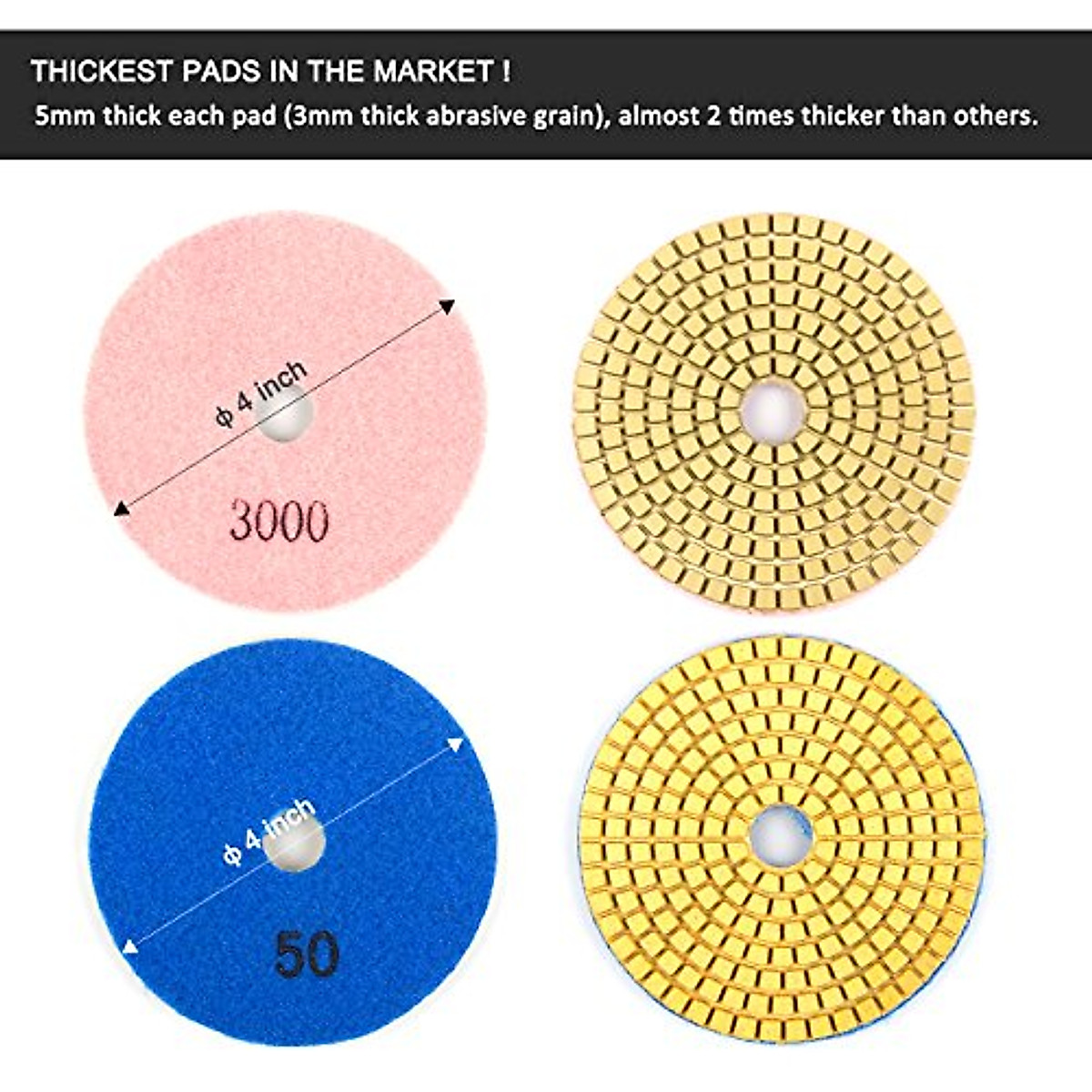 ADVcer Wet Diamond Polishing Pads Set, 4" 10 Pads 50 to 3000 Grit with Hook and Loop Backing Holder Disc - Ideal Buffing Kit for Granite Concrete Marble Stone Countertop Tile Floor Grinder or Polisher