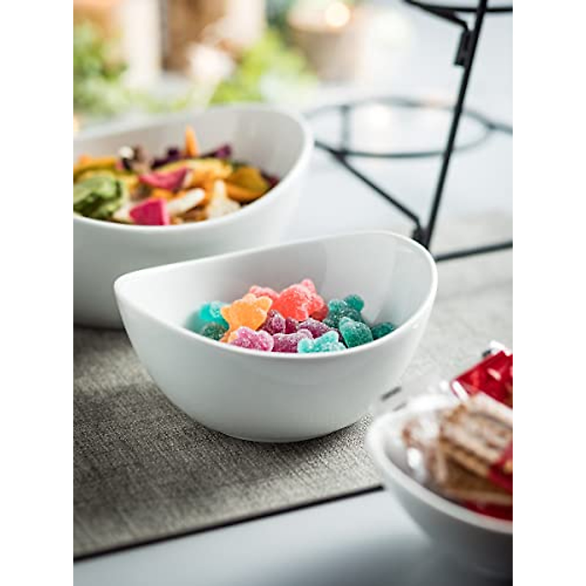 Miamolo Triple Ceramic Serving Bowl Set with Stand - White Serving Tiered Stand,Set of 3 Oval Bowl Set Perfect for Table Decoration Set Party Chip Rack Display Salad Bar Serving Set - Black Stand