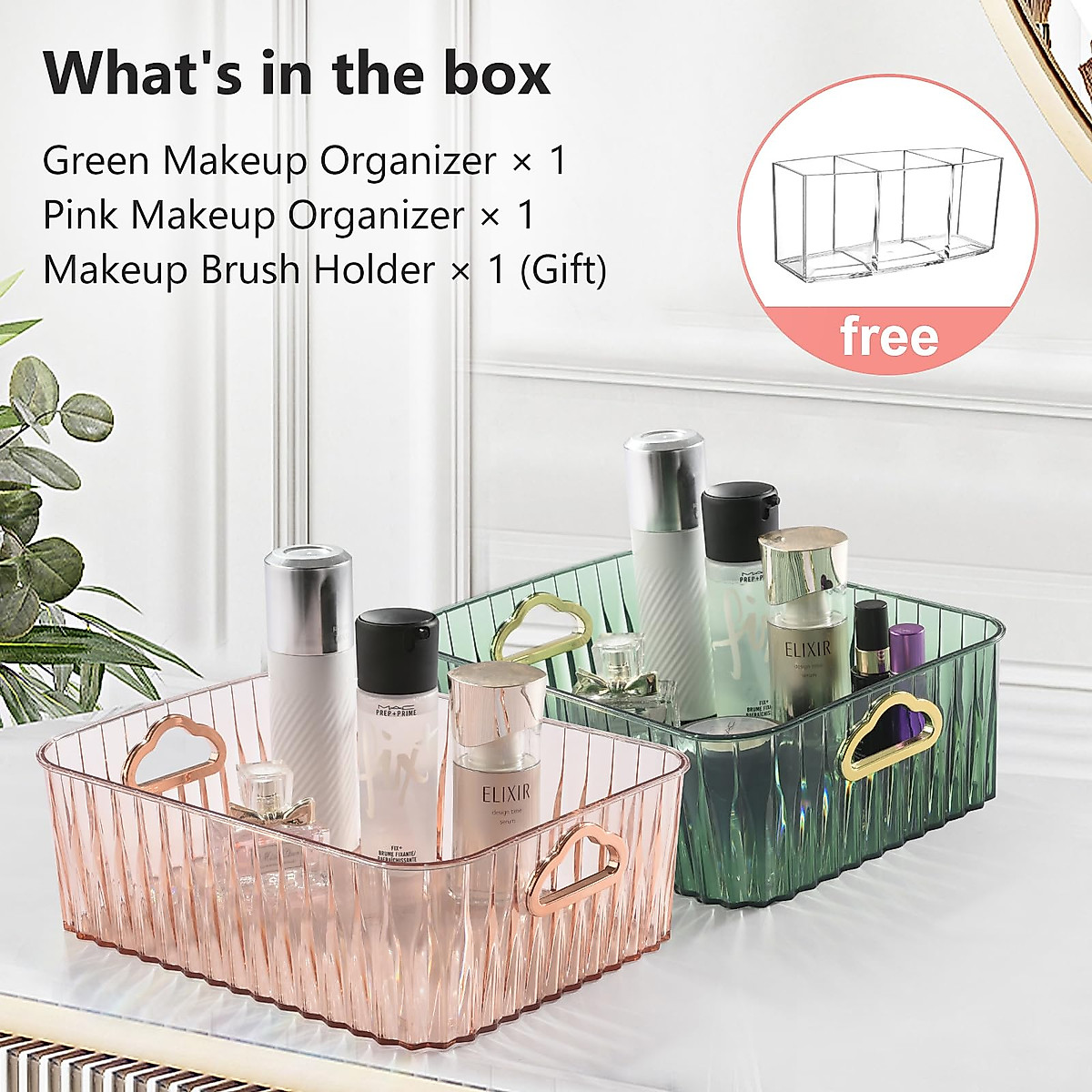 WINJECEI 2-Pack Green & Pink Makeup Organizers - 10 x 8 IN Large Capacity Vanity Organizers with Handle - Premium Perfume, Skincare Organizers