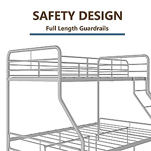 Bunk Bed Twin Over Full, Heavy Duty Metal Bunk Bed Frame with Guard Rail & Flat Ladder Stairs, Space-Saving, No Box Spring Needed (Silver)