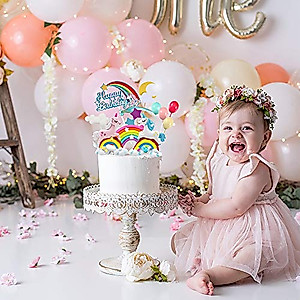 MOVINPE Unicorn Cake Topper, 2 Magic Unicorns Sculpture, 1 Rainbow, 1 Happy Birthday Banner, 2 Cloud, 4 Balloon, 12 Stars, 1 Moon, Cake Decoration For Girl Kid Women Birthday Party