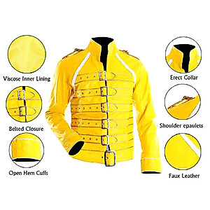 LP-FACON Mens Rock Star Costume Wembley Concert Yellow Cosplay Faux Leather Jacket