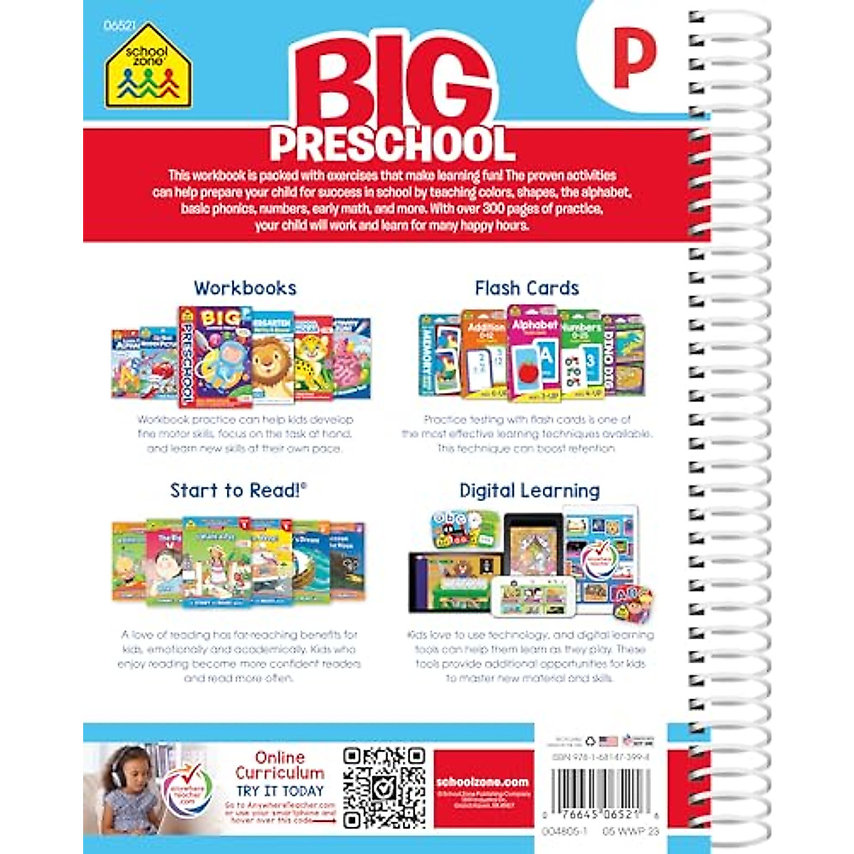 School Zone - Big Preschool Workbook - 320 Spiral Pages, Ages 3 to 5, Colors, Shapes, Numbers, Early Math, Alphabet, Pre-Writing, Phonics, Following Directions, and More (Big Spiral Bound Workbooks)
