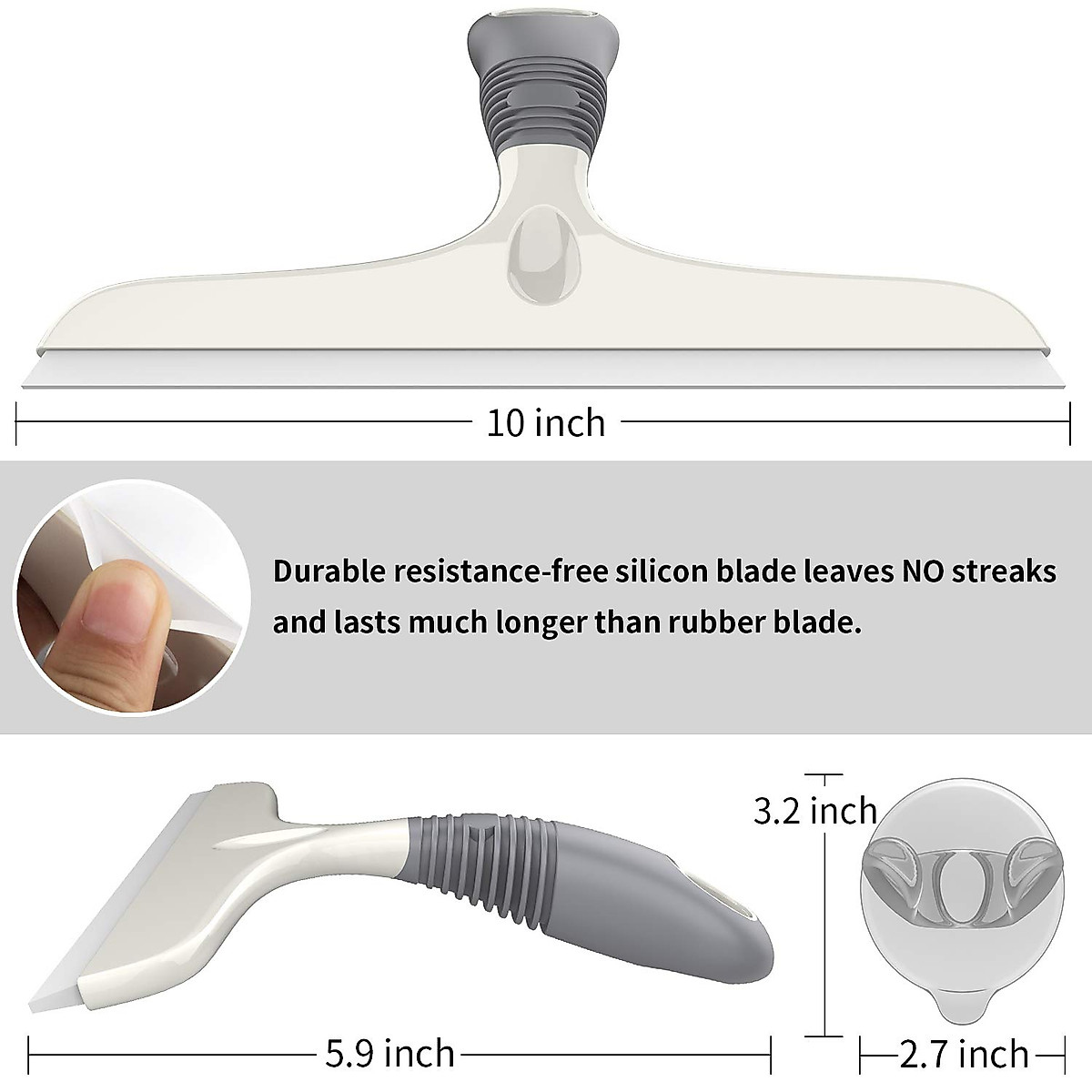 MR.SIGA Multi-Purpose Silicon Squeegee for Window, Glass, Shower Door, Car Windshield, Heavy Duty Window Scrubber, Includes Suction Hook, 10 inch, White & Grey, 1 Pack