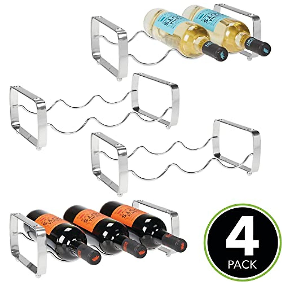 mDesign Metal Steel Free-Standing 3 Bottle Modular Wine Rack Storage Organizer for Kitchen Countertop, Table Top, Pantry, Fridge - Holder for Wine, Beer, Pop/Soda, Water, Stackable - 4 Pack - Chrome