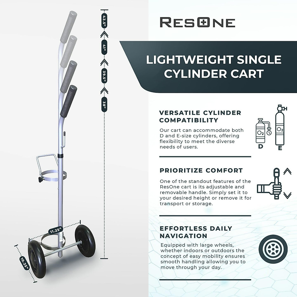 ResOne Lightweight Single D/E Oxygen Cylinder Cart, Adjustable Handle, Durable Powder-Coated Finish, Portable Oxygen Tank Cart with Wheels, Holds 1 D Size or E Size Cylinder, Medical Oxygen Transport