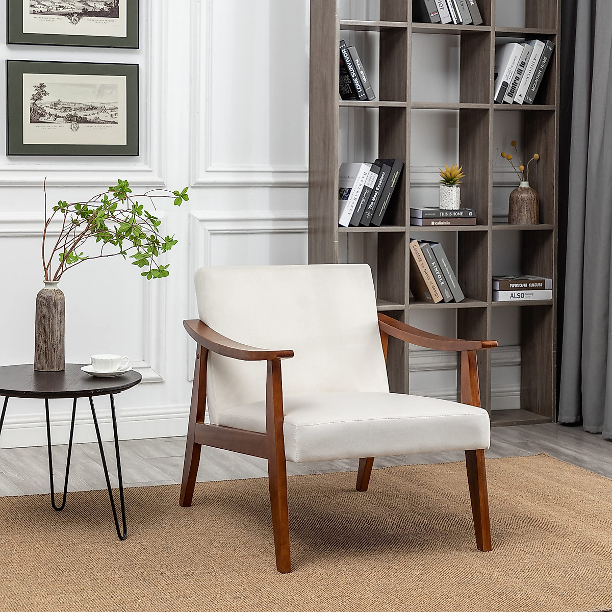 Container Furniture Direct Accent Chair with Velvet Upholstery and Solid Wood Frame, Classic Mid-Century Modern Living Room Furniture for Extra Seating, Cream White