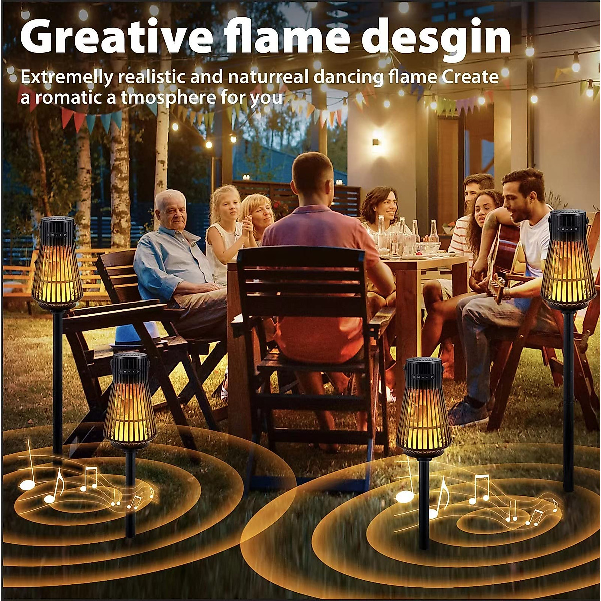 Outdoor Bluetooth Flame Speaker, LED Flickering Flame Effect Speaker with Torch Light, Portable Waterproof Wireless Speaker with Wall Mounted Hook&S Hook&Stake for Camping, Deck, Patio