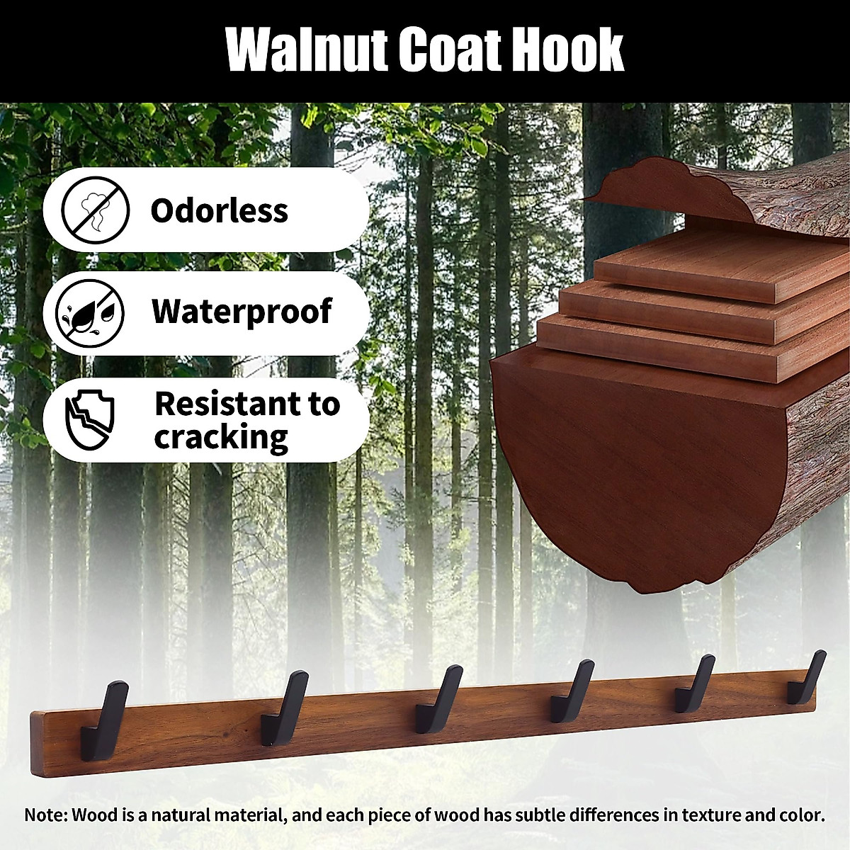 XSJHJDR Coat Hook Wall Coat Hooks 23.6 Inches Wall Hanger Hooks Walnut Wood Coat Rack with 6 Hooks for Hanging Clothes Towels Backpacks Keys Wooden Coat Hooks