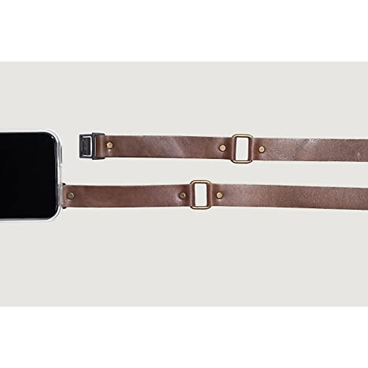 The Clutch Strap Cross-Body Adhesive Phone Carrying Strap with Brown Leather and Brass Hardware, 54-Inches