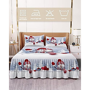 AMZRicher Winter Snowman Wrap Around Pleated Bed Skirts for Twin XL Bed 39x80, Decorative Dust Ruffle Bed Sheet & Bedskirt 18'' Drop Bedspread with Pillow Case 20x30 Christmas Forest Snowy Tree