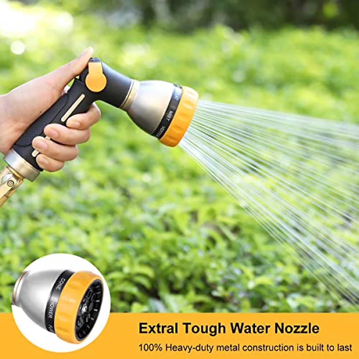 FANHAO Garden Hose Nozzle, 100% Heavy Duty Metal Spray Nozzle with Thumb Control, High Pressure Water Nozzle with 8 Adjustable Spray Patterns for Watering Plants, Washing Cars and Showering Pets