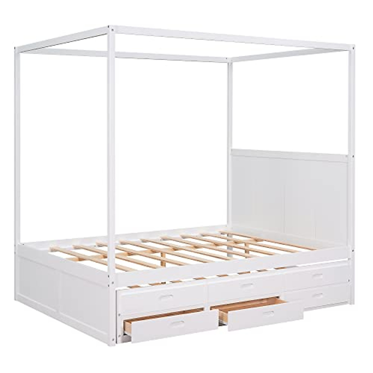 Harper & Bright Designs Queen Canopy Bed with Trundle and Three Storage Drawers, Solid Wood 4-Post Canopy Platform Bed Frame with Headboard and Slat Support, No Box Spring Needed (Queen Size, White)
