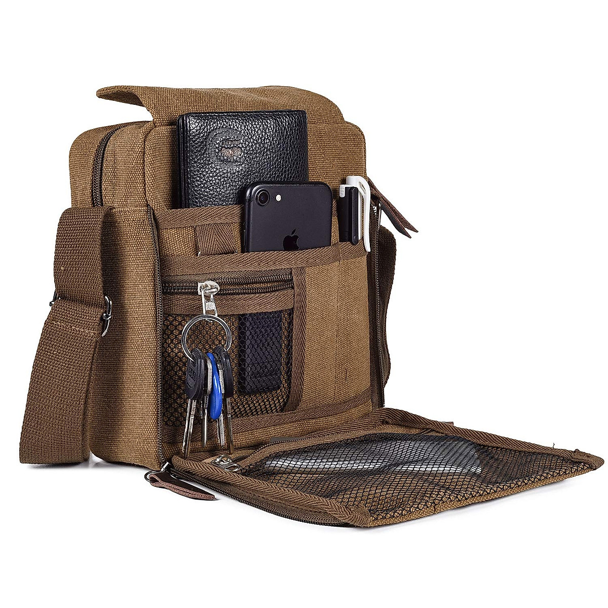 Vintage Canvas Cross Body Casual Shoulder Bag, Multipurpose Messenger Bag Purse Briefcase Travel Organizer Bag Multi-pocket Handbag , Coffee