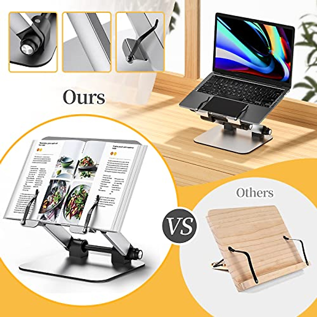 Book Stand for Reading, Grathia Adjustable Book Holder with Page Clips & Multi Heights Angles, Aluminum Ergonomic Desk Page Holder Foldable Book Stands Holder for Textbook Recipe Music Tablet (12'')