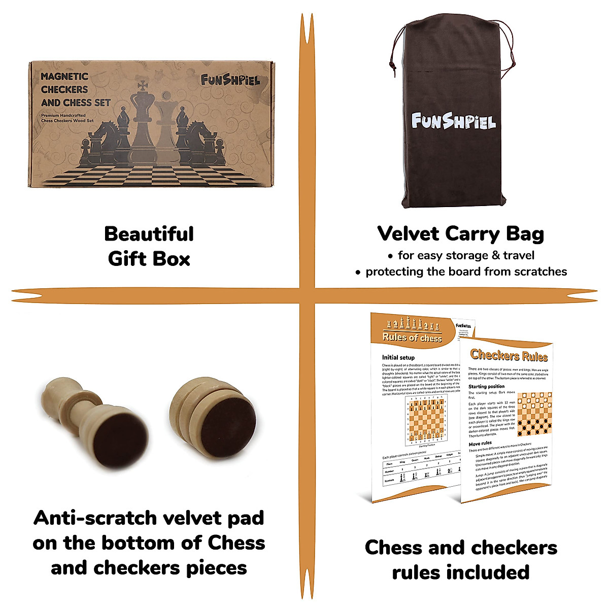 Funshpiel Magnetic Wood Checkers and Chess Set – Premium Handcrafted Chess Board Set with 2 Extra Queens, Chess and Checkers Set for Kids and Adults, Compact and Foldable Design, 15-inch Board Games