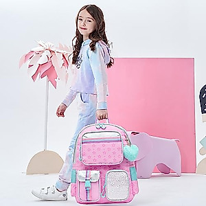 Meetbelify Pink Backpack for Girls School Backpack Aesthetic Backpack for Elementary Student Teen Girls Cute School Bag Kids Kawaii Bookbag for Girls 8-10