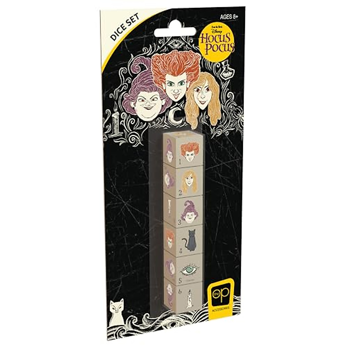 Hocus Pocus Dice Set | Collectible d6 Dice Featuring Characters & References - Sanderson Sisters (Winifred, Sarah, and Mary), Thackery Binx, Candle, and Book Eye | Officially Licensed 6-Sided Dice