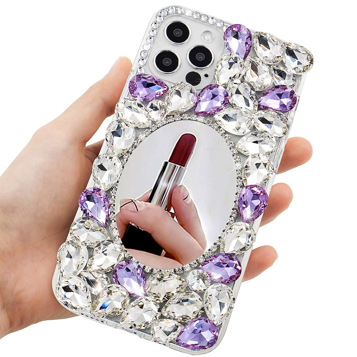 Crystal Mirror Case for iPhone 13 Pro,Luxury Sparkle Bling 3D Diamond Rhinestone Phone Case Women Girls Makeup MOIKY Clear Slim Shockproof TPU Bumper Protective Cover for iPhone 13 Pro(White+Purple)