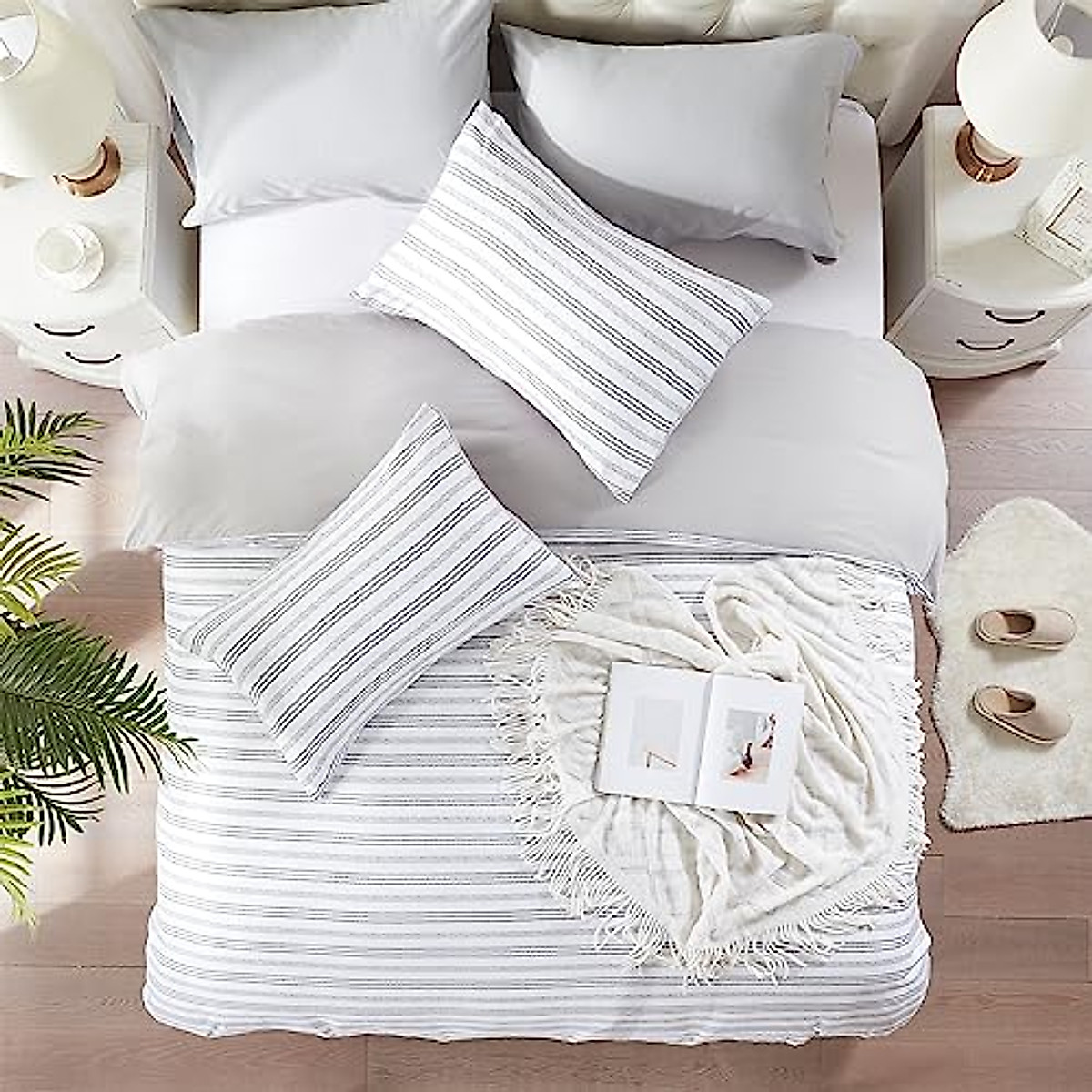 La Sheer 3pcs Striped Farmhouse Duvet Cover Sets King Size - Reversible White Duvet Cover with Grey Rugged Stripes Pattern Printed Comforter Cover,with Zipper Closure & Corner Ties