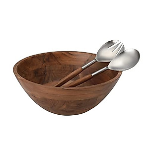 Folkulture Salad Bowl or Salad Bowl With Servers, Salad Bowls or Wooden Bowls for Food in 3 Colors, 12" D x 5" H, Acacia Wood, Wooden Salad Bowl Set, Round Mixing Bowl, Natural Finish