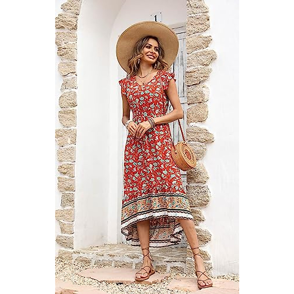 PRETTYGARDEN Long Dress for Women Cap Sleeves V Neck Summer Floral Beach Maxi Dresses Red