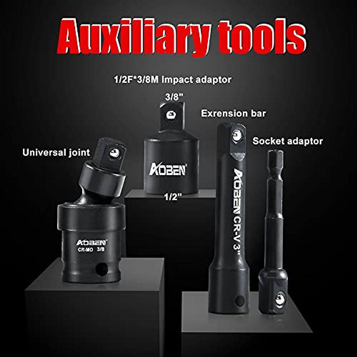 AOBEN 3/8-Inch Drive Impact Socket Set, 49 Pieces, 6 Point, SAE/Metric, (5/16" - 3/4", 8mm - 22mm), Deep/Standard, Cr-V Steel, Includes Extension Bars and Adapter