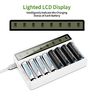POWEROWL 8 Bay AA AAA Battery Charger with LCD Display (USB Quick Charging, Independent Slot) +AA 2800mAh & AAA 1000mAh 1.2V NiMH Battery Low Self Discharge, Pack of 16