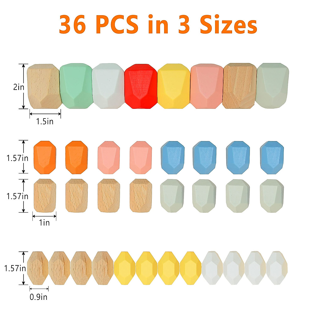 DORLETEM 36PCS Wooden Balancing Stacking Rocks Stones, Building Blocks Set, Montessori Educational Preschool Learning Sensory Toys Lightweight Sorting Wooden Blocks for Kids