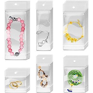600 Pieces Self-Sealing Bag with Hang Hole 6 Sizes Clear Hanging Bags Resealable Cellophane Bags Clear Adhesive Plastic Bags for Packaging Jewelry Necklaces