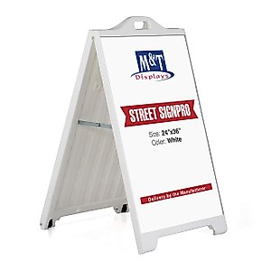 M&T Displays Street SignPro Board, White 24x36 Inch Weatherproof Sandwich Board A-Frame Sidewalk Curb Sign Holder Folding Portable Double Sided Advertising Display for Restaurant Cafe