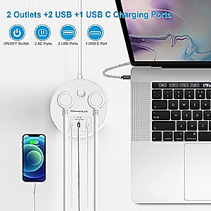 PowerLot Power Strip with 2 Outlets, 3 USB (2A+1C), 5TF Extension Cord Power Strip with PD 45W USB C for Laptop， Flat Plug Power Strip for Cruise Ship Travel Home and Office