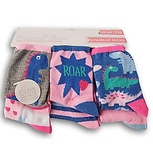 Dinosaur 6 Pack Toddler Socks for 4T-5T - Features Dinosaur Patterns on in Blue, Pink, and White