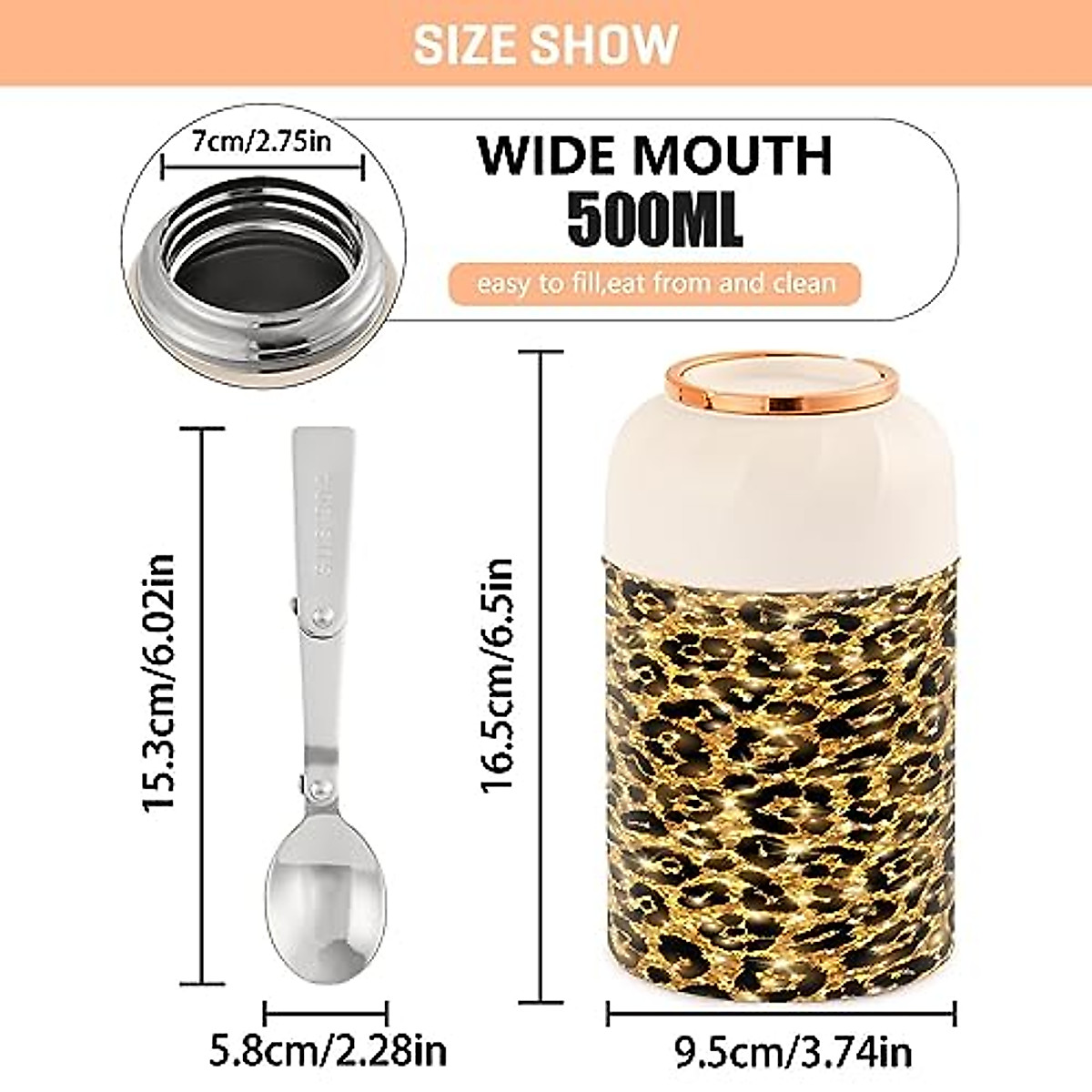 CUPADA Gold Leopard Food Jar for Hot and Cold, Seamless Printed Insulated Food Jars Vacuum 17OZ with Folding Spoon for Work Trip Picnic Camping