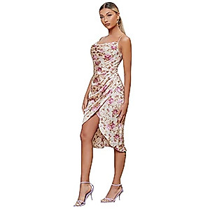 Floerns Women's Floral Print Cowl Neck Ruched Sleeveless Satin Slit Party Dress Beige/Pink S