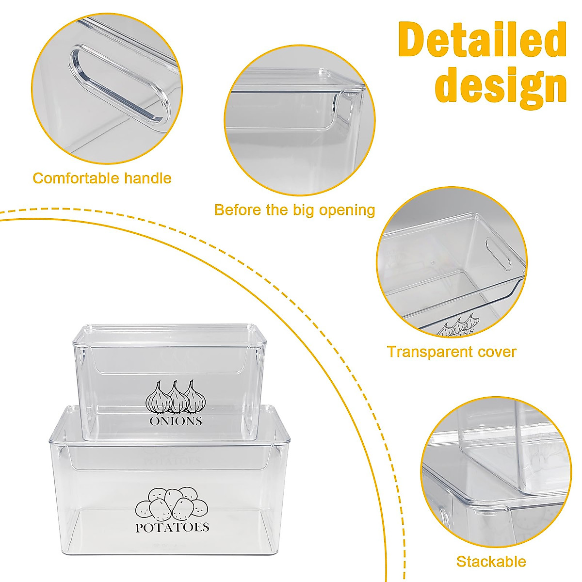 2 Pack Potato and Onion Storage Bins with Lid, Dustproof and Stackable Organizer for Kitchen, Transparent Vegetable Containers, Multi-Functional Pantry and Fridge Baskets,Food Storage Potato Box Clear