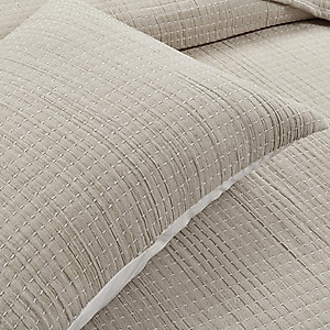 Lush Decor Solid Kantha Pick Stitch Yarn Dyed Cotton Woven 3 Piece Quilt/Coverlet Set, King, Neutral & Off-White