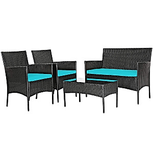 Tangkula 8 Piece Patio Furniture Set, Outdoor Wicker Conversation Set with Tempered Glass Coffee Table, Rattan Loveseat & Chairs Set with Seat Cushions for Backyard, Garden, Poolside (2, Turquoise)