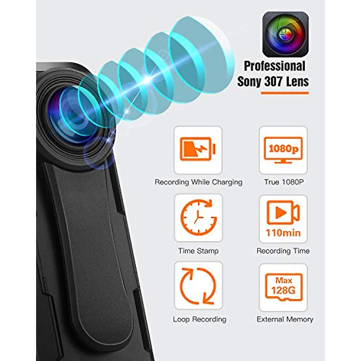 BOBLOV W1 Hidden Camera, True 1080P Small Body Camera, Personal Pocket Video Camera with Audio Loop Recording Time Stamps External Memory Up to 128GTwo Clips and Easy to Operation (32GB)