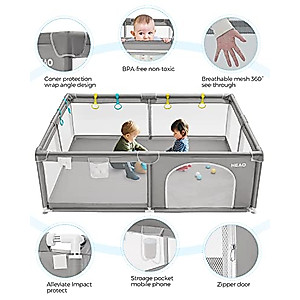 HEAO 79X59 Baby Playpen XL Baby Playard with 30PCS Pits Balls Playpen Toddler Sturdy Play Yard for Toddler Light Grey