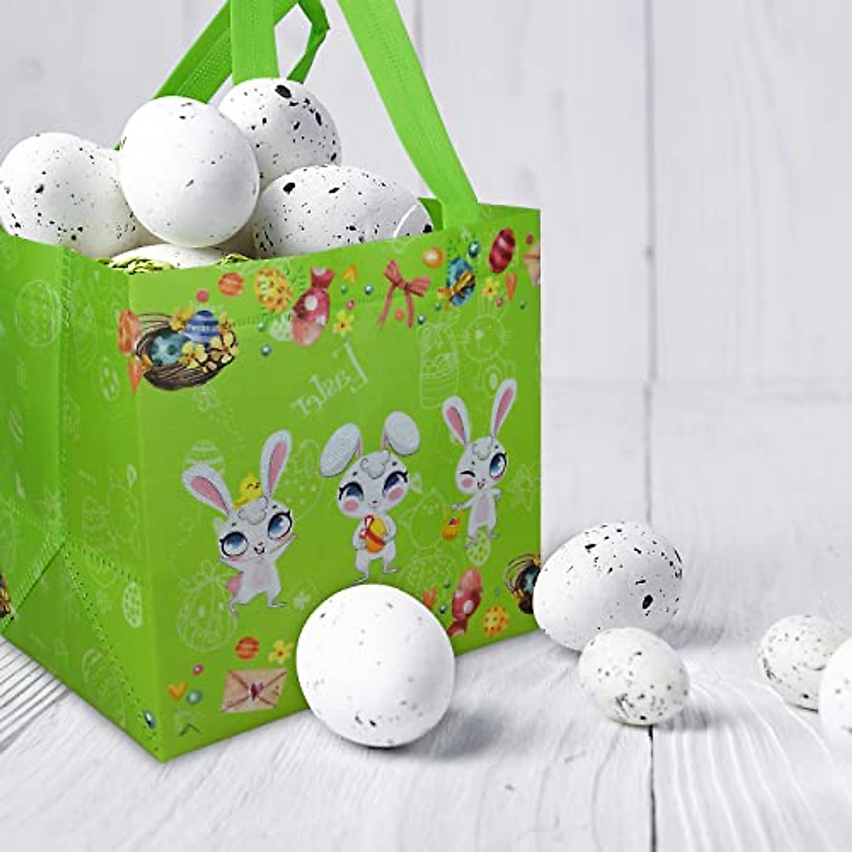 SUNSHNO 12Pack Easter Tote Bags Large Easter Gift Bags with Handles Reusable Easter Non-Woven Bags Grocery Shopping Bunny Easter Egg Totes for Easter Holiday Party Supplies-8.19’’x7.8’’x5.85’’