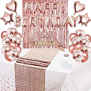 ZERODECO Rose Gold Birthday Party Decorations, Happy Birthday Banner, Glitter and White Table Runner, Sash, Queen Tiara, Fringe Curtains, Foil Confetti Balloon Party Decorations for Girls and Women