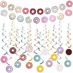 OctinPris 4-Sets Donut Party Banners & Spiral Danglers Decoration Donut Garland Kit Donut Party Decorations Donuts Hanging Swirl Papercutouts Ceremony décor.